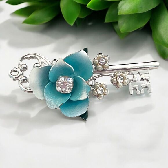 Coro | Jewelry | Signed Coro Pin Brooch Flower Key Blue Enamel Crystals ...